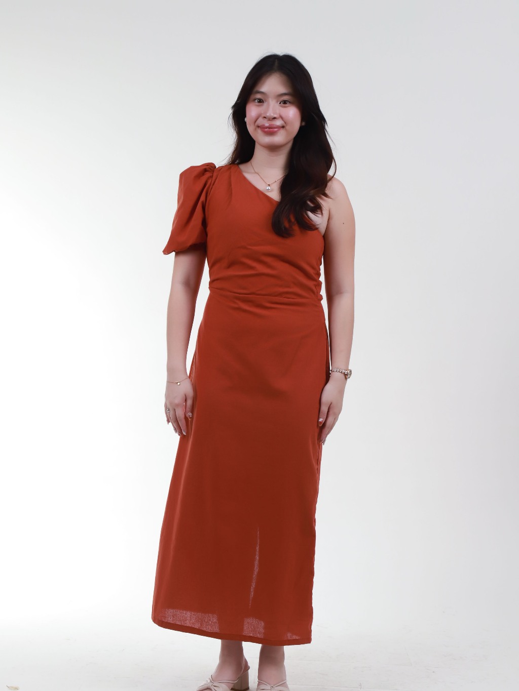 Hey Riley Clarisse One Shoulder Puff Sleeved Dress for Women (Burnt ...