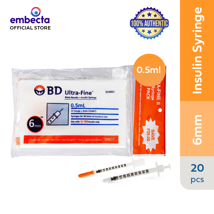 BD Ultra Fine 6mm Insulin Syringe 0.5ml/cc (20 pcs pack) 31G Value Pack ...