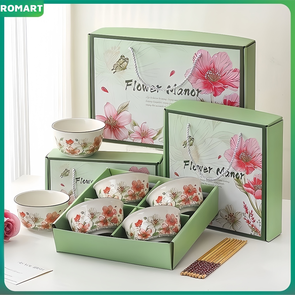 ROMART Gift Set Bohemian Bowl Set Ceramic With Chopsticks Box ...