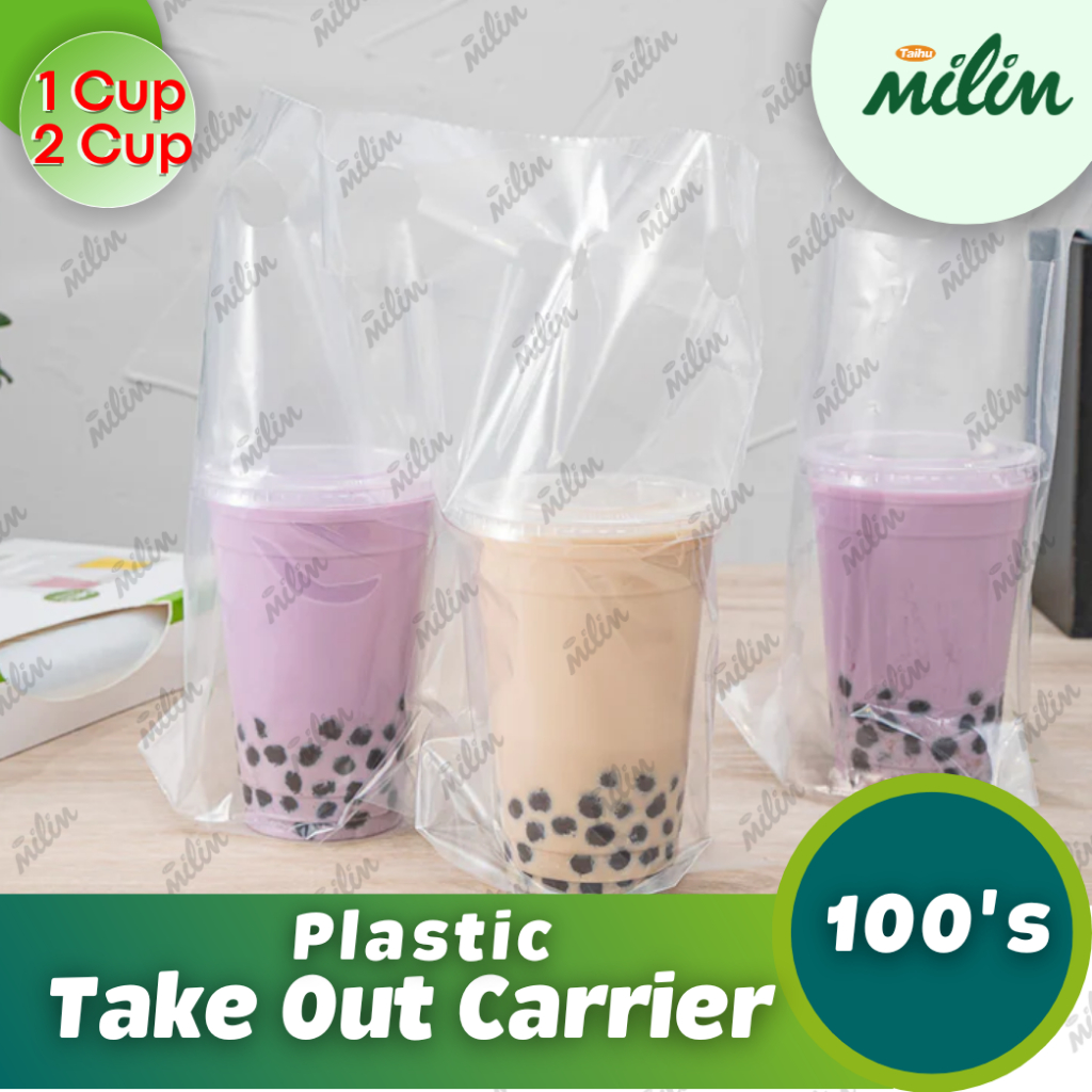 100 PCS Milk tea Take Out Plastic Fits 1 Cup or 2 Cup take out bag ...