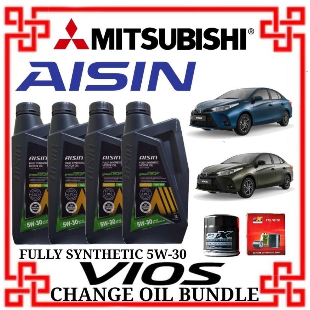 Toyota Vios Change Oil Set, AISIN 5W-30 Fully Synthetic Engine Oil plus ...