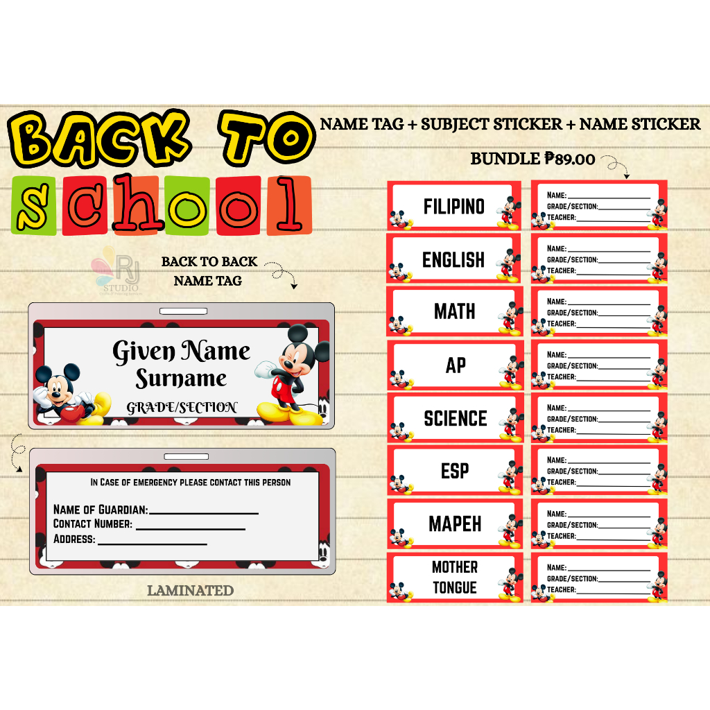 Name Tag + Subject Sticker + Name Sticker Bundle (Mickey) | Shopee ...