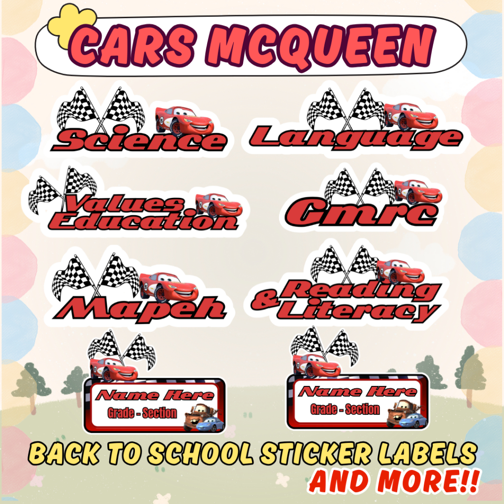 Customized Cars Mcqueen Subject and Name Label Waterproof Sticker Back ...
