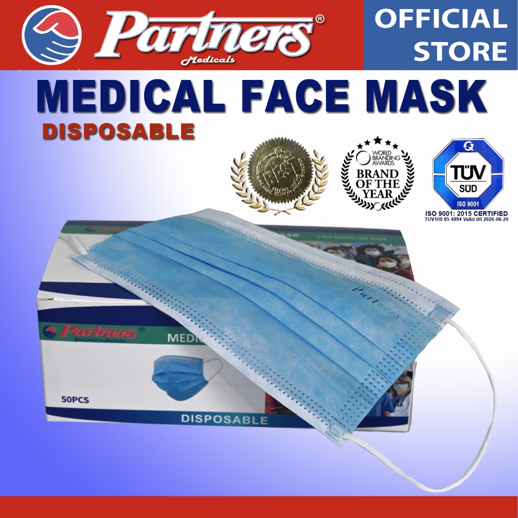 Partners Medical Face Mask 3-PLY with Earloop Disposable 50 Pcs in Box ...