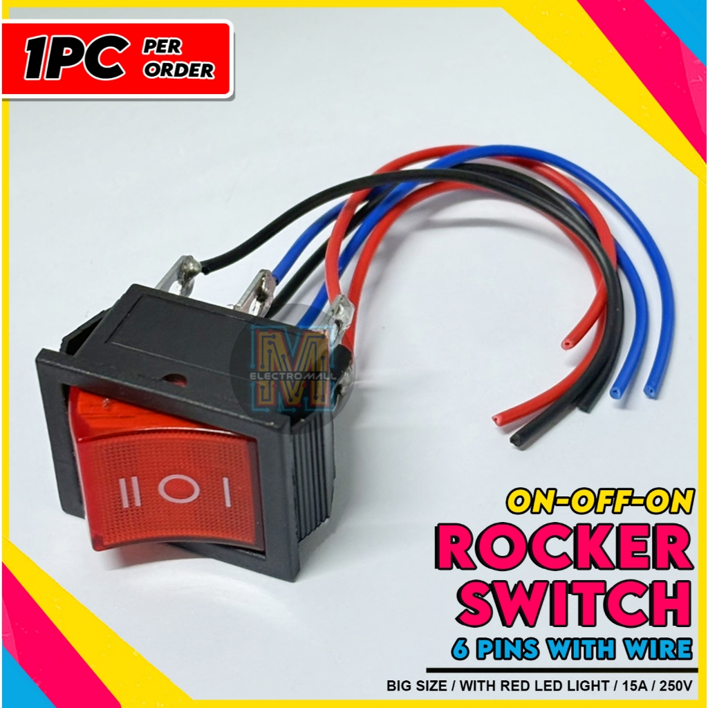 Boat Rocker Switch DPDT 3 Position With Red LED Light ON-OFF-ON 6 Pins ...