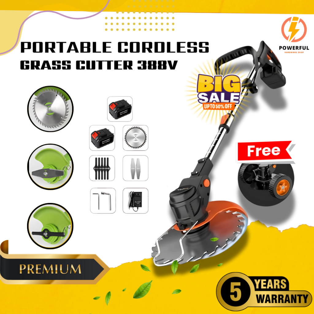 388V Powerful Electric Cordless Grass Cutter Rechargeable Lithium Battery Grass Trimmer Mower ...