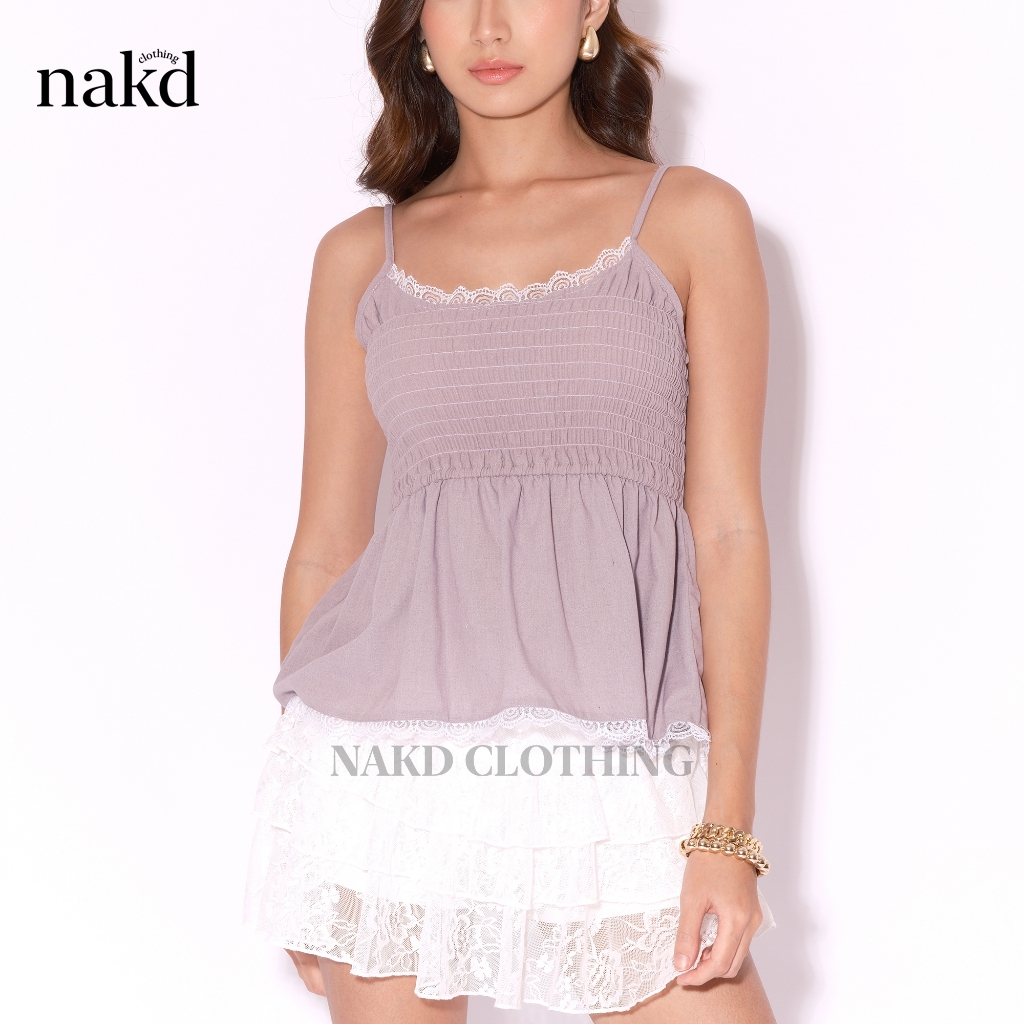 NAKD FASHION NAVYA BASIC COTTON LINEN SPAGHETTI STRAP SMOCKING SUMMER CASUAL LACE COQUETTE TOP ...