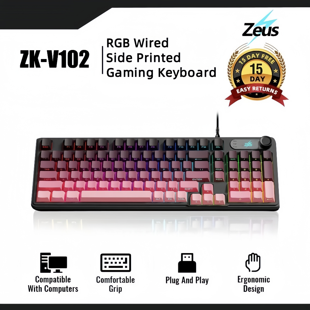 Zeus V102 RGB Mechanical Feel Keyboard 16M RGB Colors Silent Typing ...