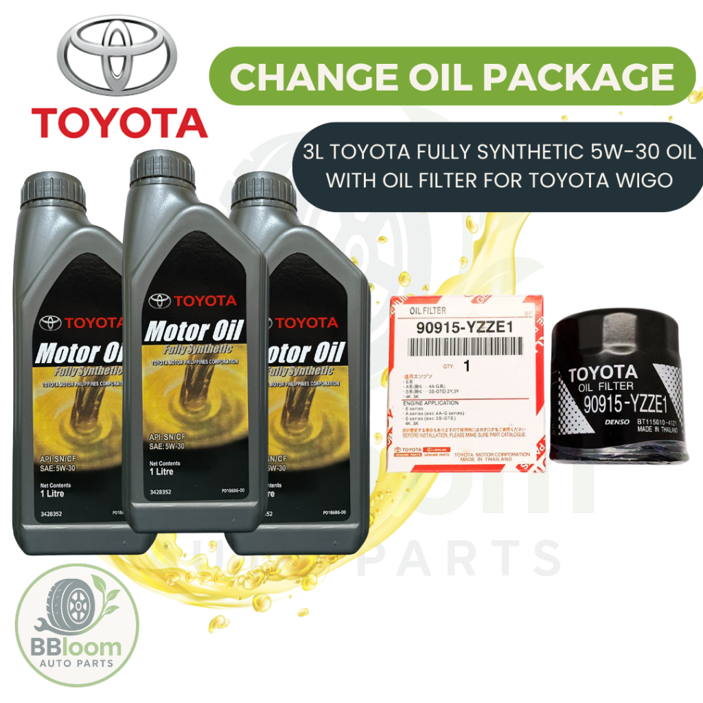 Toyota 5W-30 Fully Synthetic Engine Oil [3 Liters + Oil Filter] Change Oil Package for Wigo ...