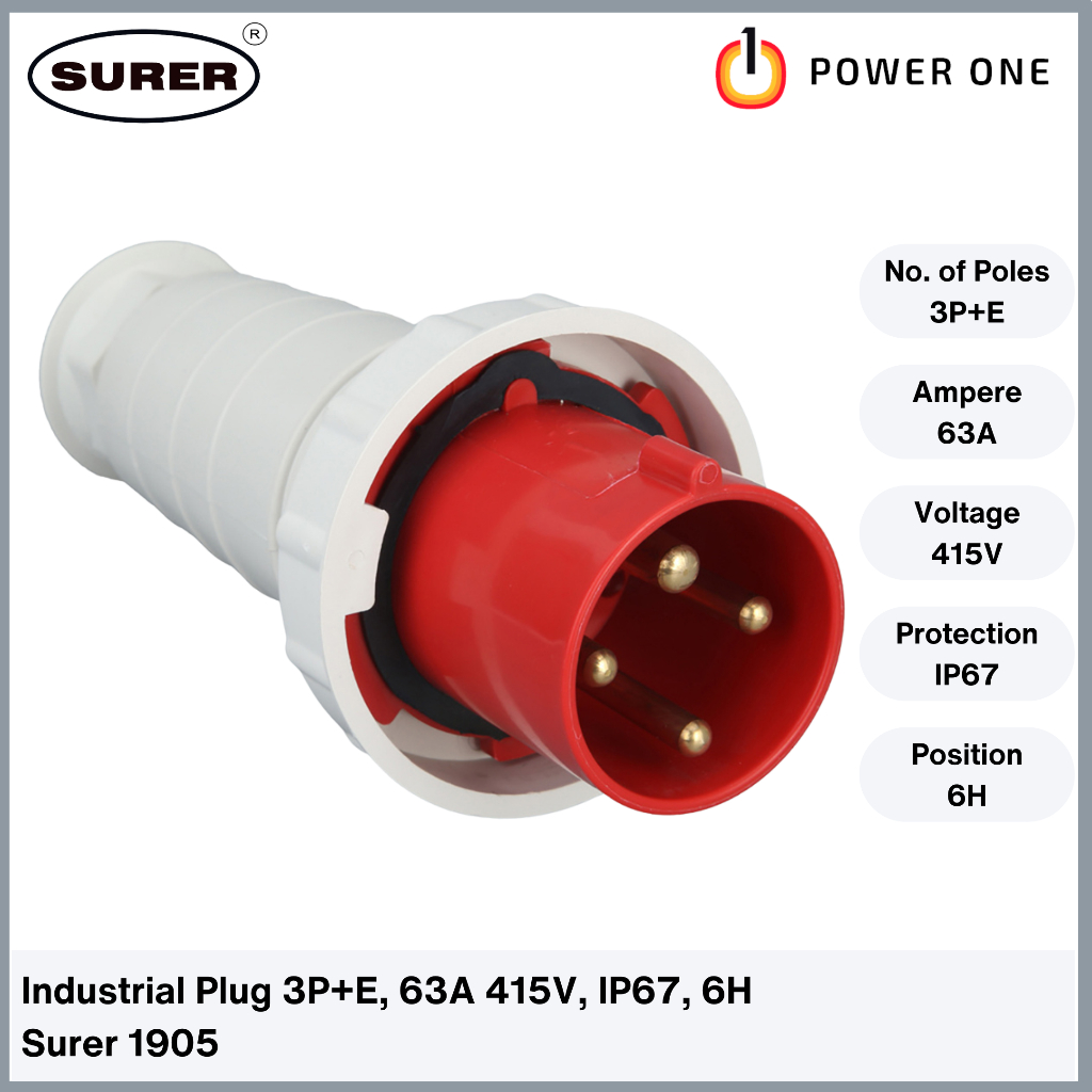 Surer 1905 Industrial Male Plug 3P+E, 63A 415V, IP67, 6H (1900 Series ...
