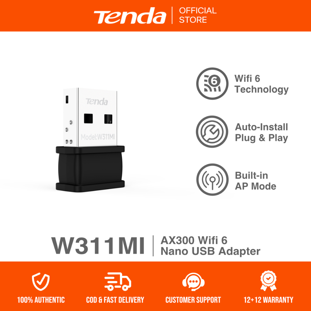 Tenda W311MI AX300 Wifi 6 USB Nano Adapter | 2.4GHz | Plug and Play | AP Mode | Mini and ...