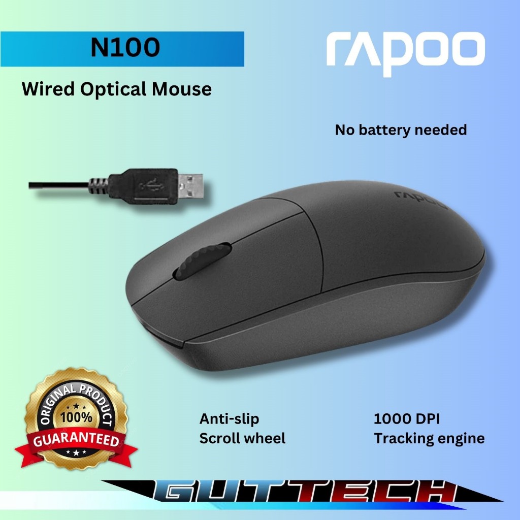 Rapoo N100 USB Wired Optical Mouse Black | Shopee Philippines