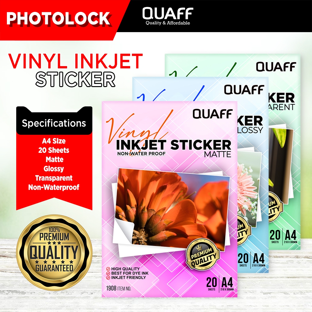 QUAFF Printable Vinyl Inkjet Sticker A4 Size Matte / Glossy / Transparent (20 sheets / pack ...