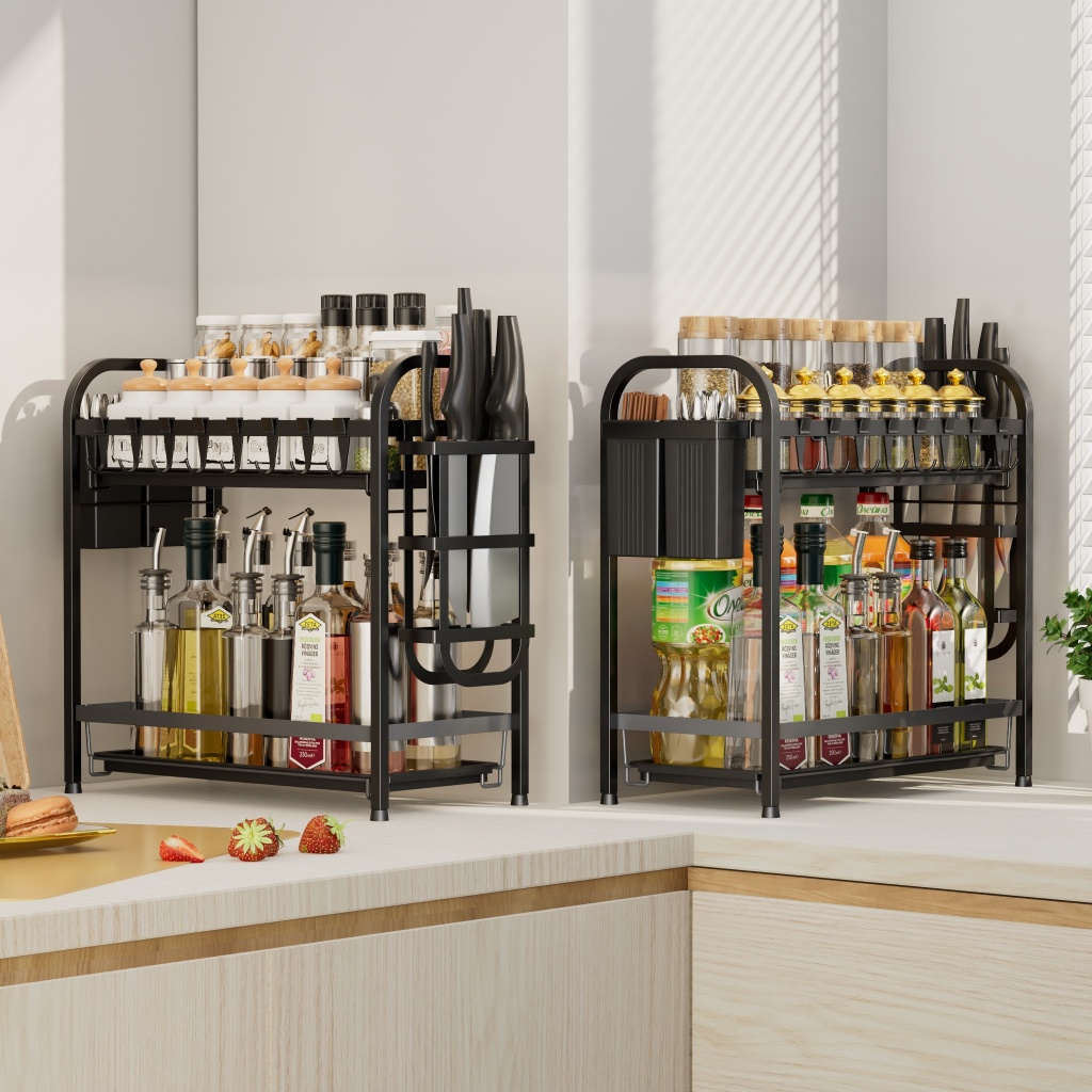 2 Layer Spice Rack Kitchen Condiments Organizer With Utensil Holder ...