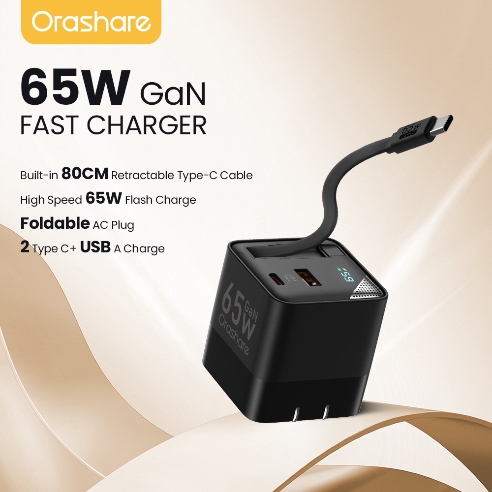 Orashare CR65 GaN 65W Charger Foldable Plug With Retractable Cable USB C QC3.0 PD3.0 Quick ...