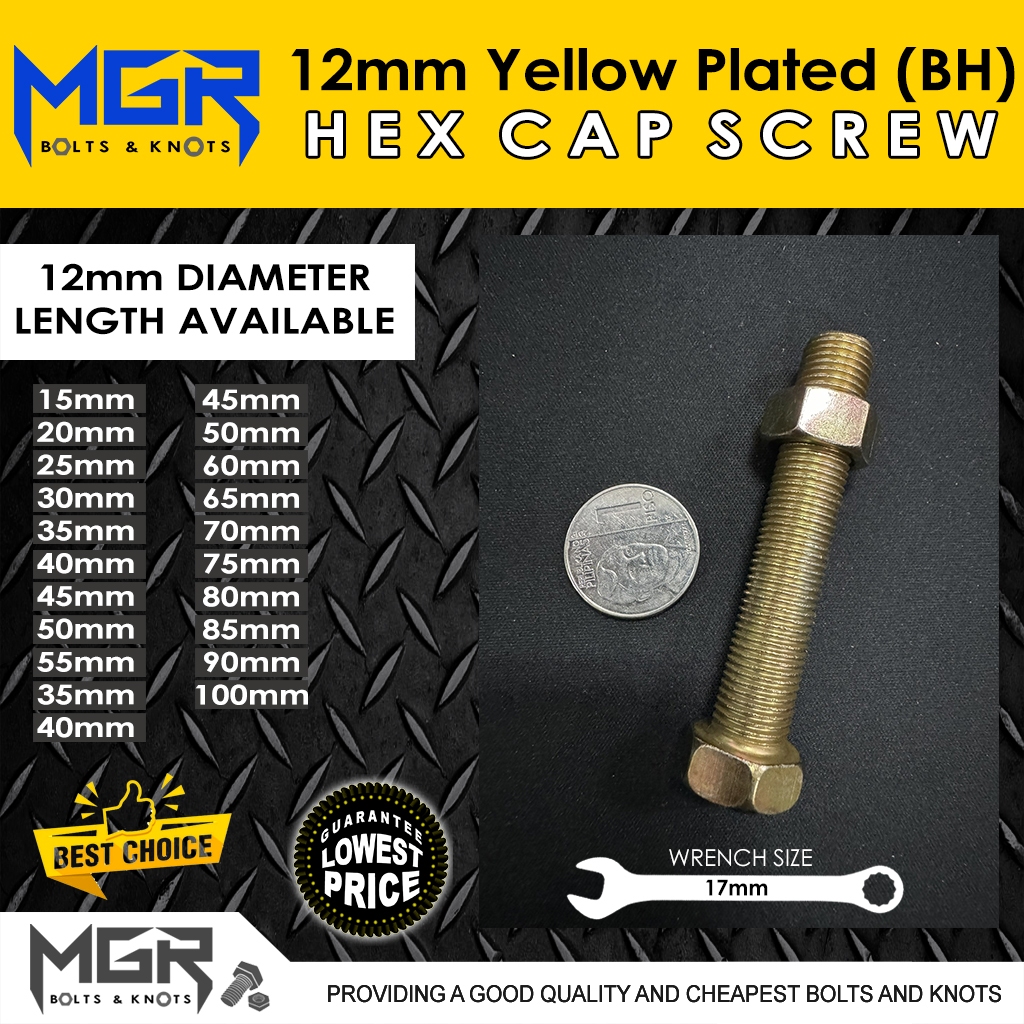 12mm (1.25P) BH Hex Bolt with Nut | Gold Plated Capscrew Ordinary ...