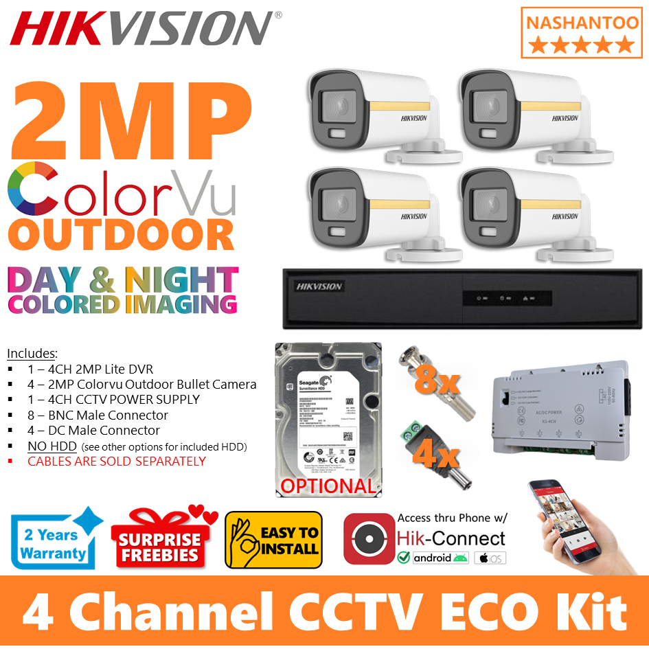 Hikvision 4Channel 2MP Colorvu 4Camera Outdoor 4CH DIY CCTV Package Kit ...