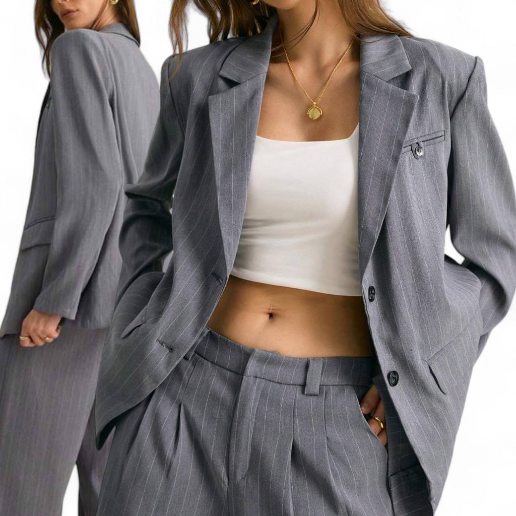 GBOSS Woven Pinstripes Oversize Lapel Fully Lined Blazer with Shoulder ...