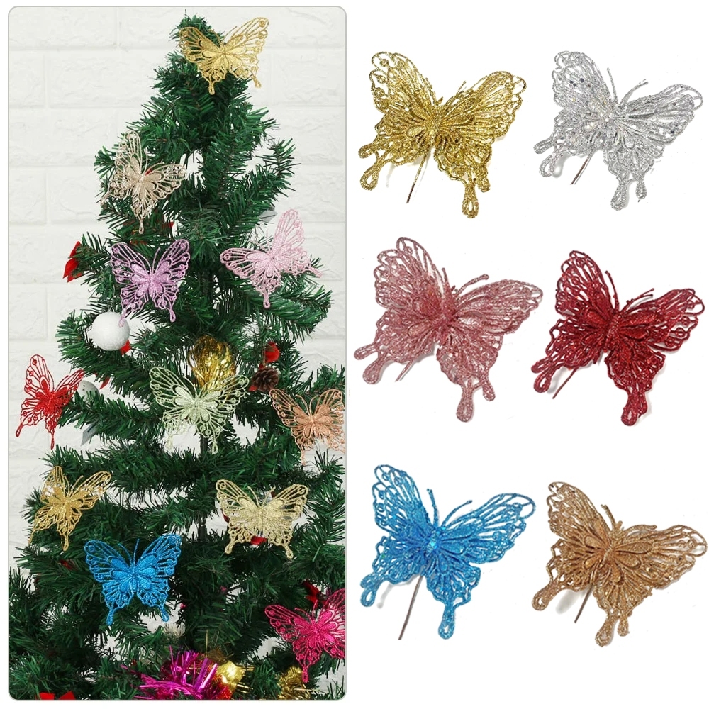 6/12Pcs Christmas Tree Butterfly Decorations 3D Glitter Hollow ...