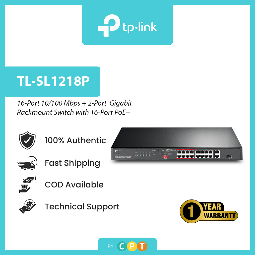 TP-Link TL-SL1218P 16-Port 10/100 Mbps + 2-Port Gigabit Rackmount Switch with 16-Port PoE+ ...