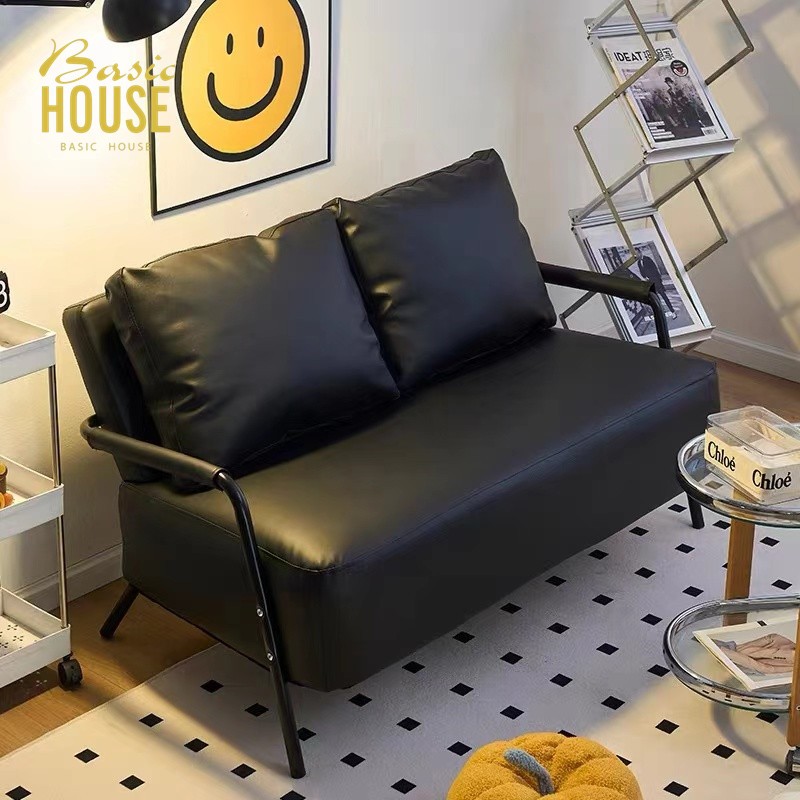Basic House Sofa Small Apartment Cafe Rental Black Iron Leather Double ...