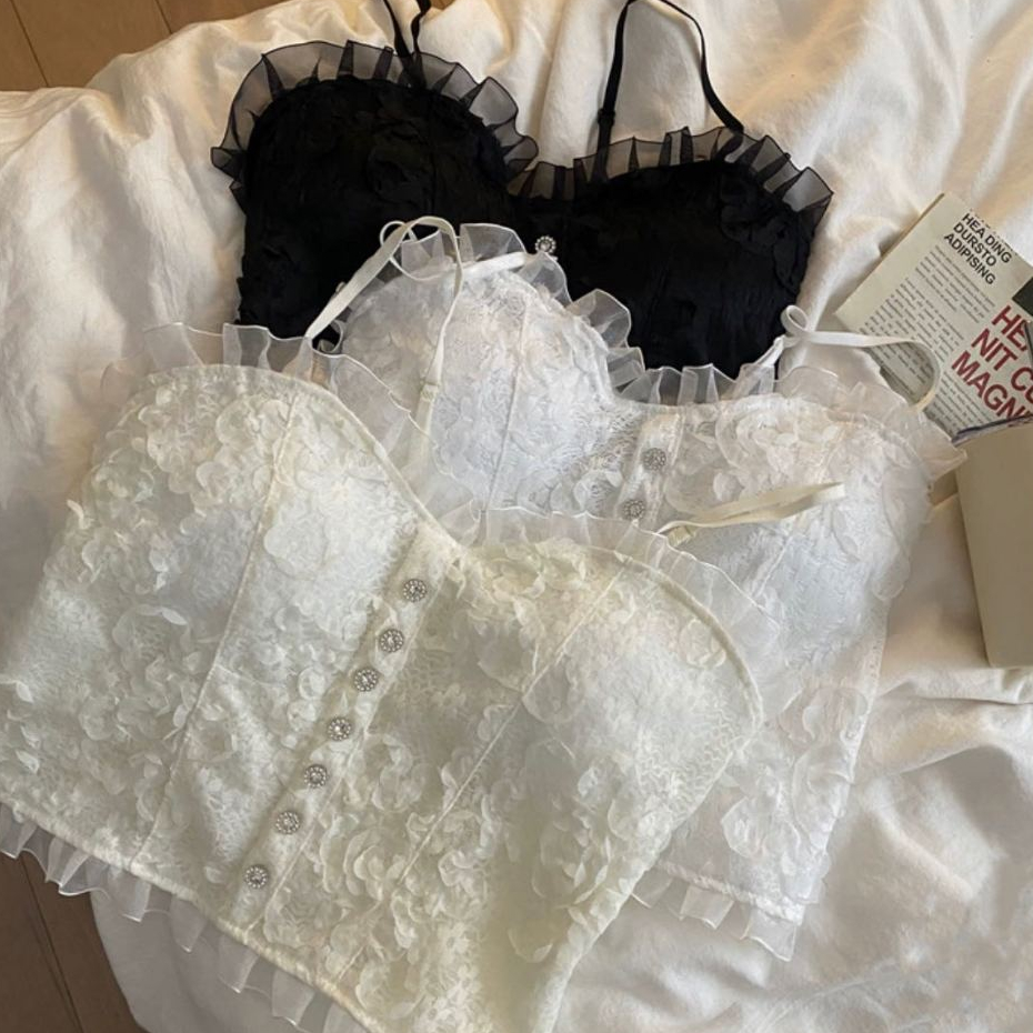 Women´s Crop Tops Slim Frill Trim Rhinestone V Neck Backless Spaghetti ...