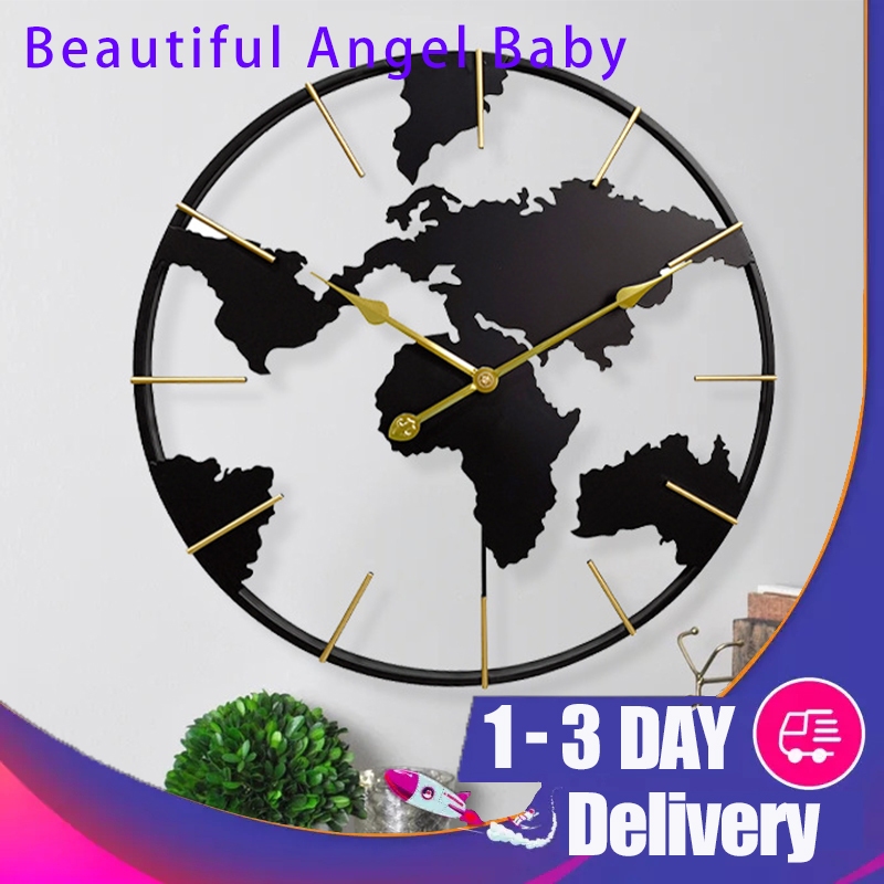 40-50cm Fashion Creative World Map Decorative Clock Iron 3D Map Clock ...