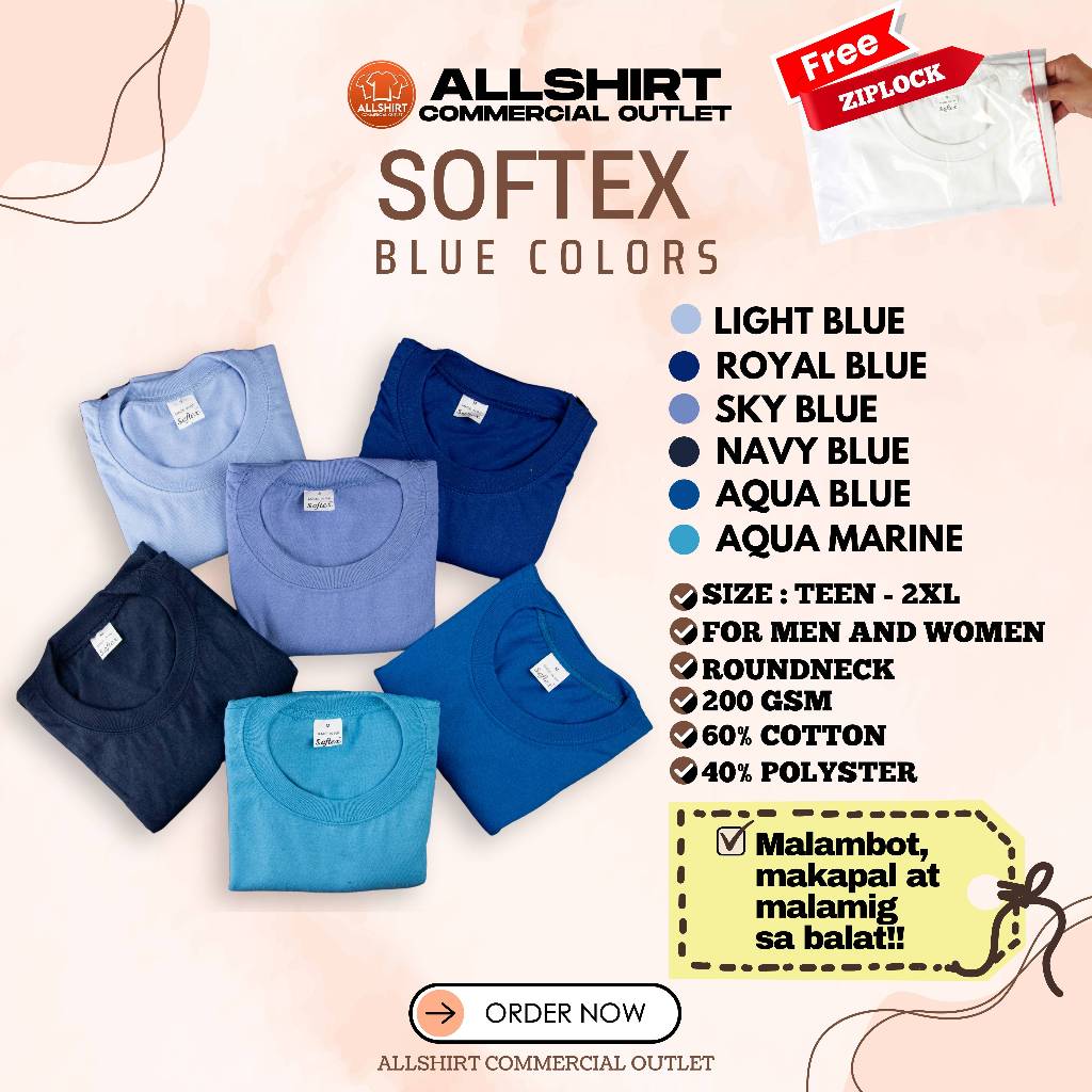 FREE ZIPLOCK! SOFTEX T-Shirt BLUE Round Neck Colors Plain Shirt Cotton ...