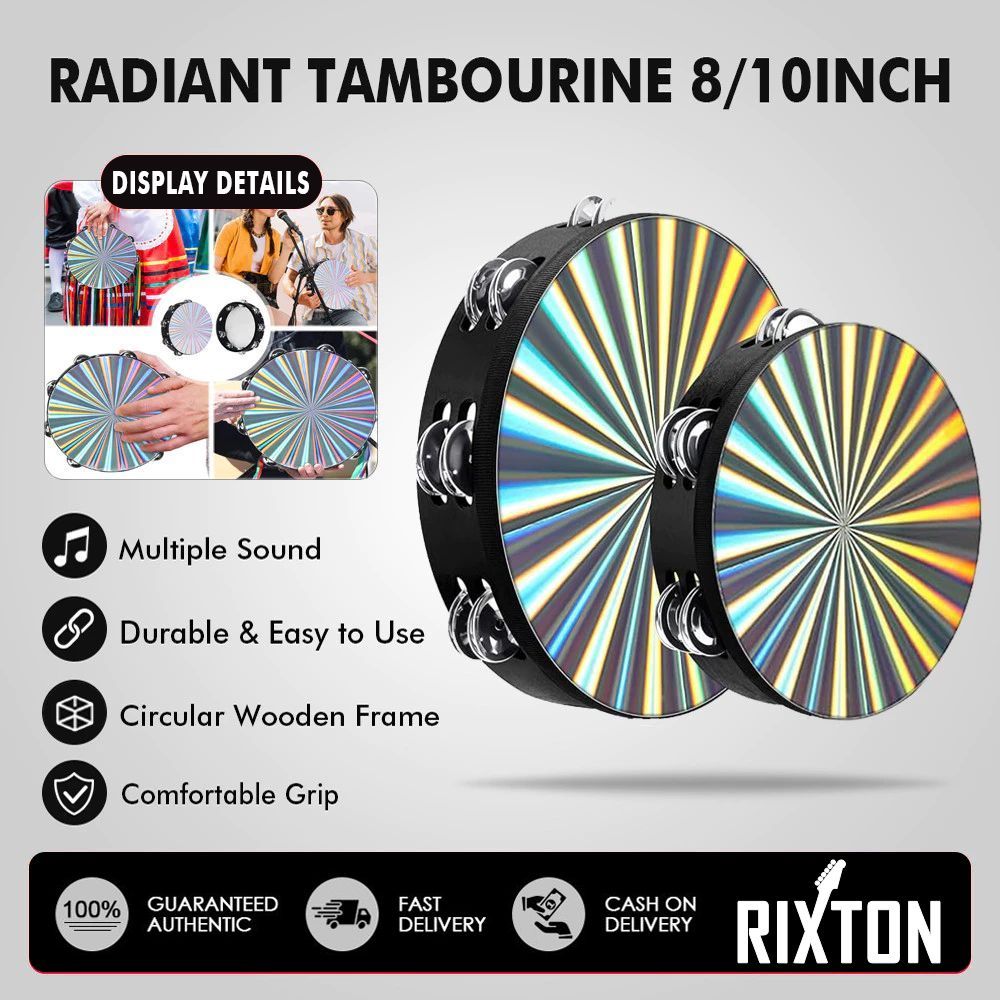 RIXTON 8inch/10inch Wooden Radiant Tambourine Hand Drum with Double Row ...