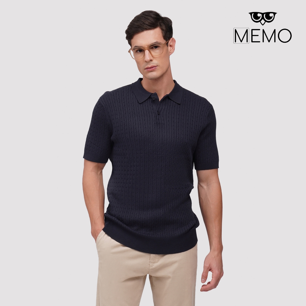 Memo Textured Cable Knit Polo For Men (Midnight Navy/Taupe) | Shopee ...