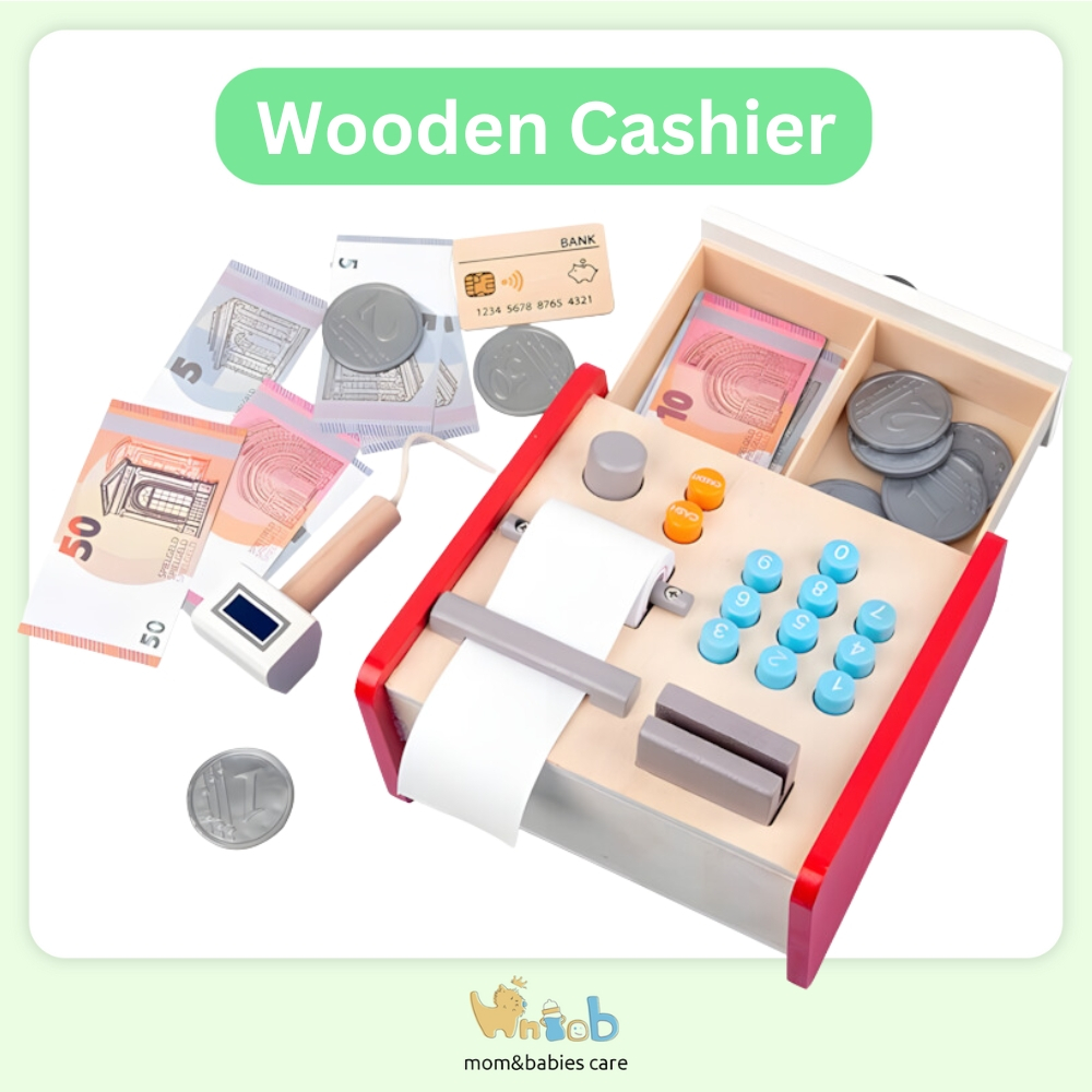 Hntob Wooden Cashier Cash Registry Simulation Pretend Play Set Toy ...