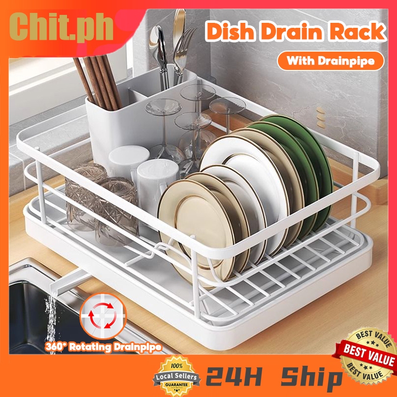 CHIT Dish Drainer Rack With Tray Drain Pipe Iron Tableware Organizer ...