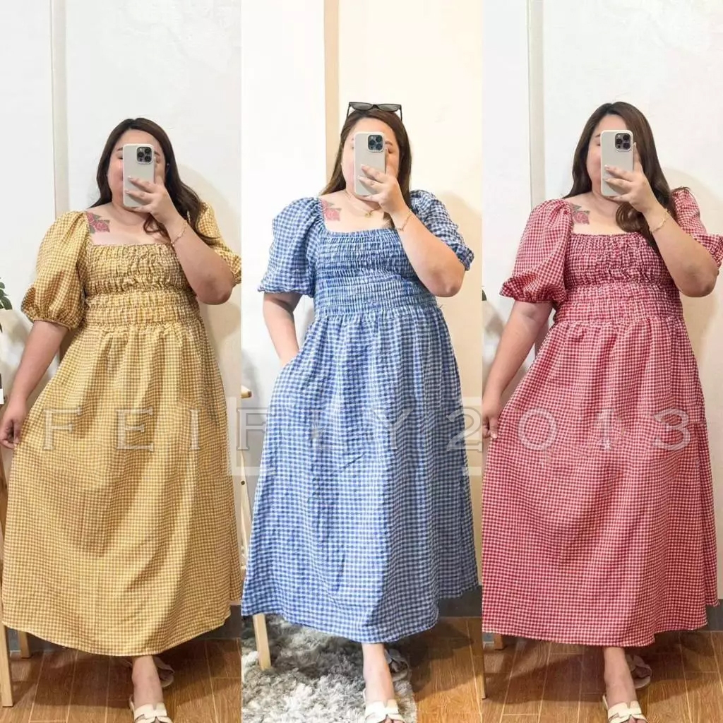 FEIFLY Plus Size Puff Sleeve Smock Seersucker GINGHAM Maxi Dress (2XL ...