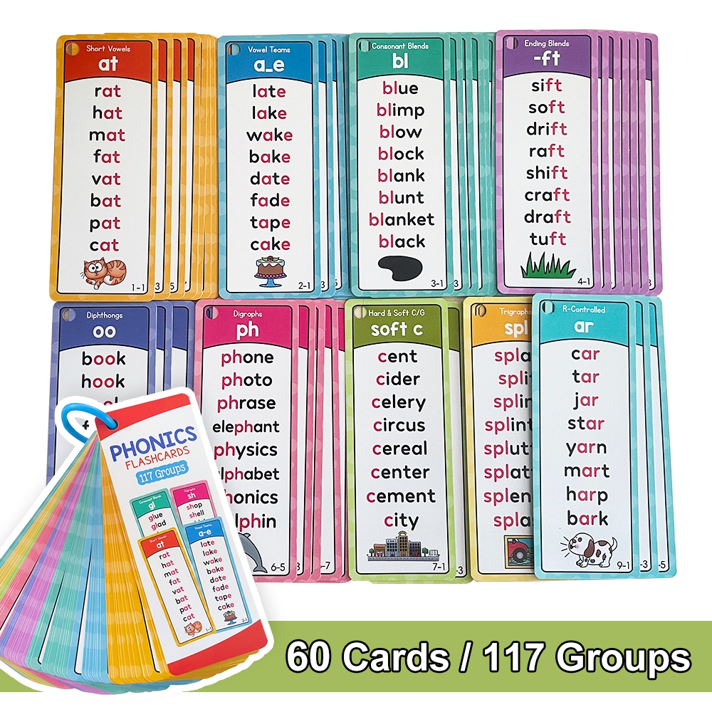 60Pcs Phonics Sight Words English Flash Cards for Kids CVC Vocabulary ...