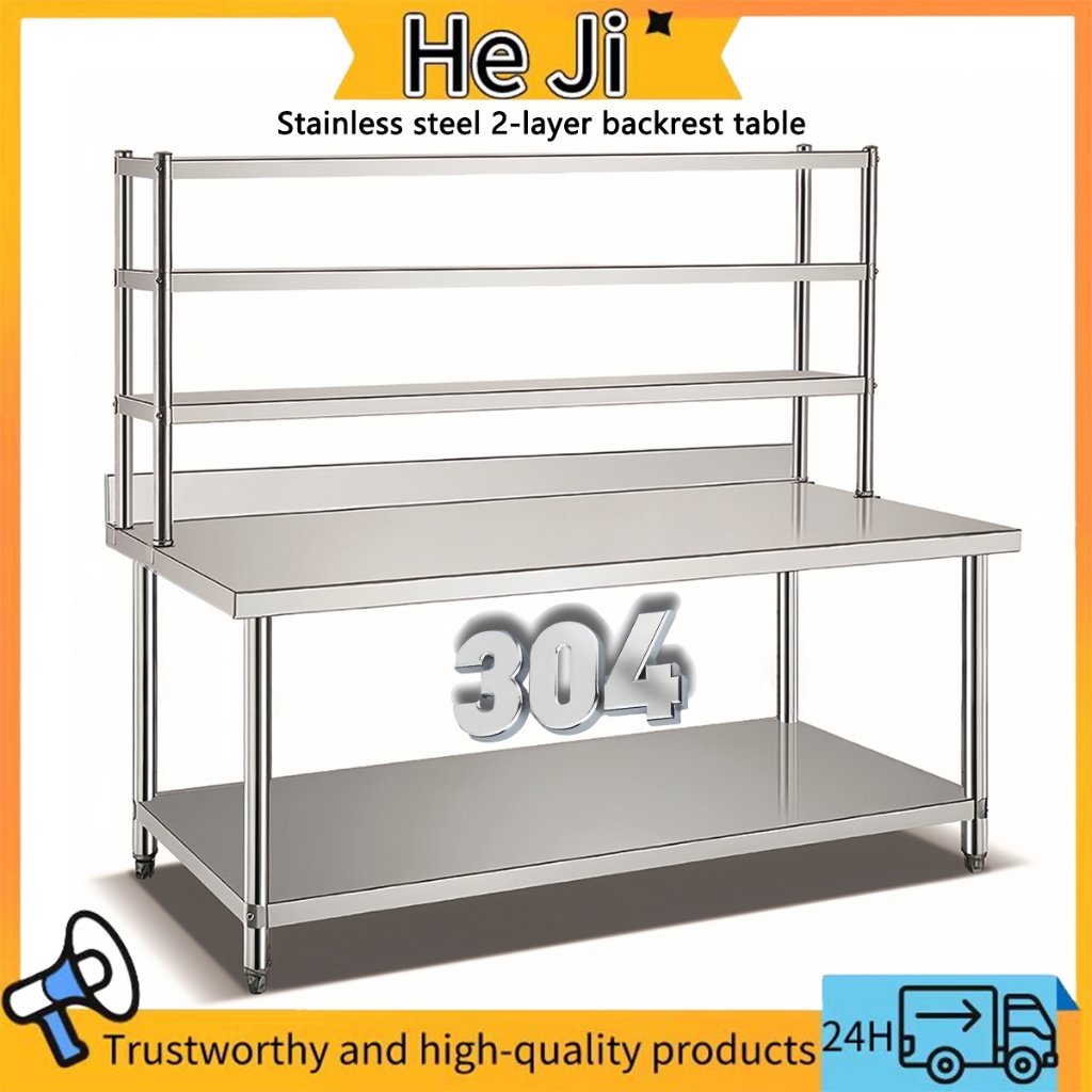 Stainless steel Table for kitchen Commercial 3-layer workbench Storag rack Backrest operat table ...