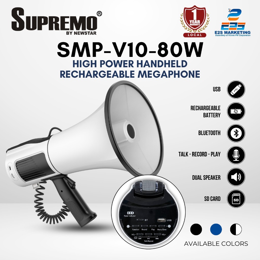 Supremo High Power Handheld Rechargeable Megaphone 7.4V 80Watts SMP-V10 ...