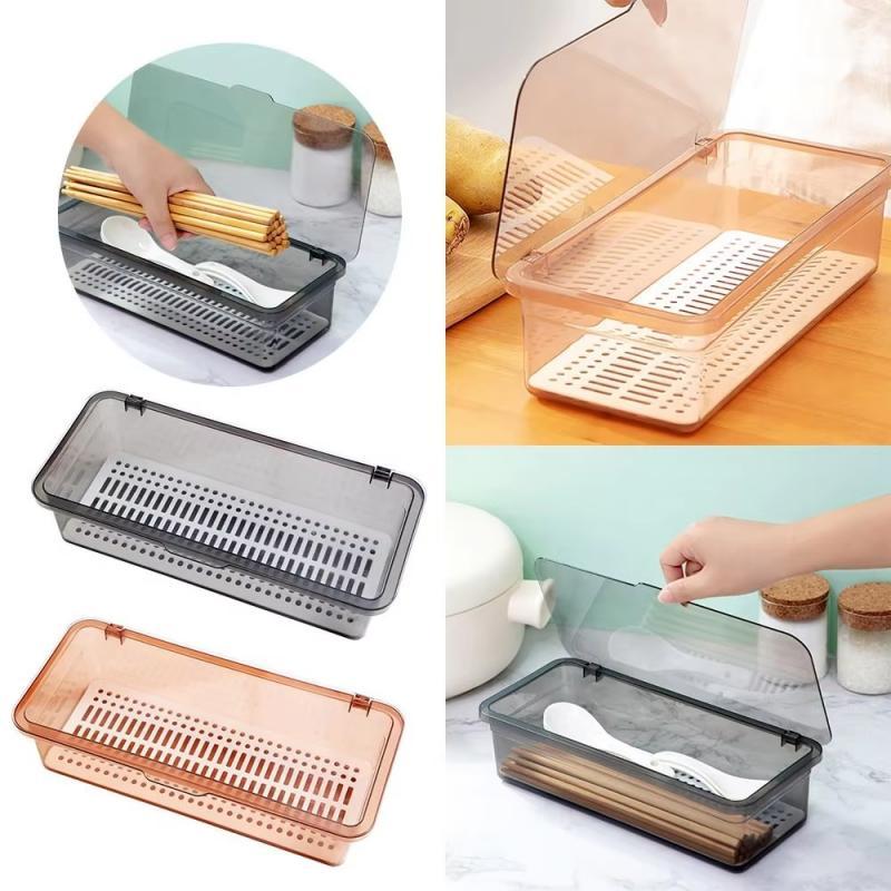 Plastic Utensils Storage Box with Cover and Drainer Kitchen Cutlery ...