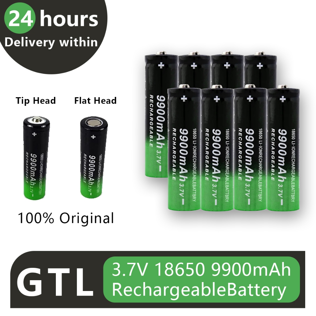 100% Original new 18650 9900mAh 3.7V Li-ion Rechargeable flat Tip head ...