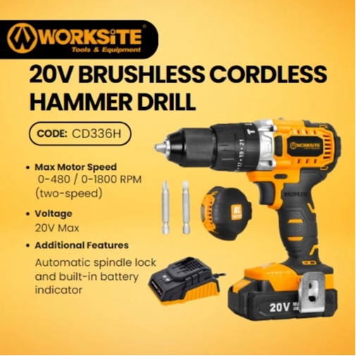 WORKSITE - CD336H 20V BRUSHLESS CORDLESS HAMMER DRILL | Shopee Philippines
