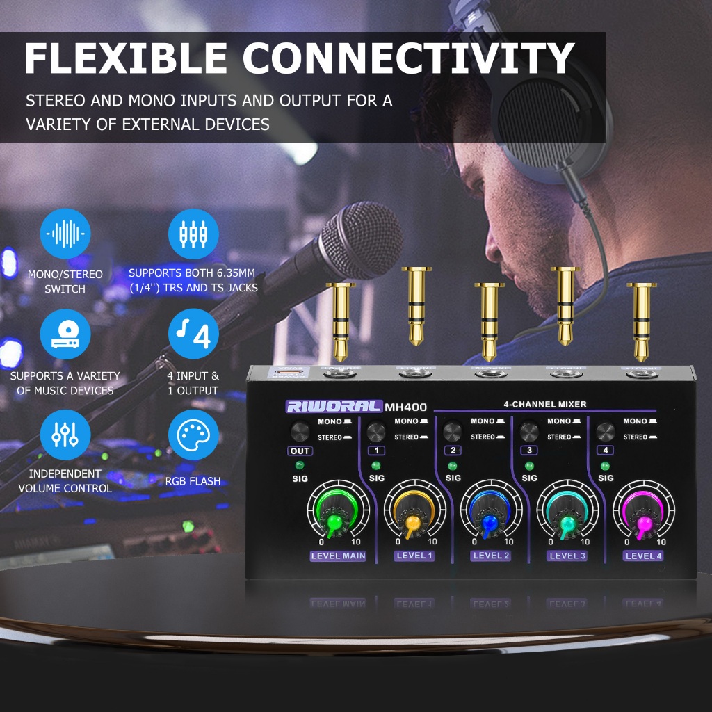 Mini Audio Mixer Stereo / Mono 4 Channel 1/4 Inch TSR/TS Audio Input ...