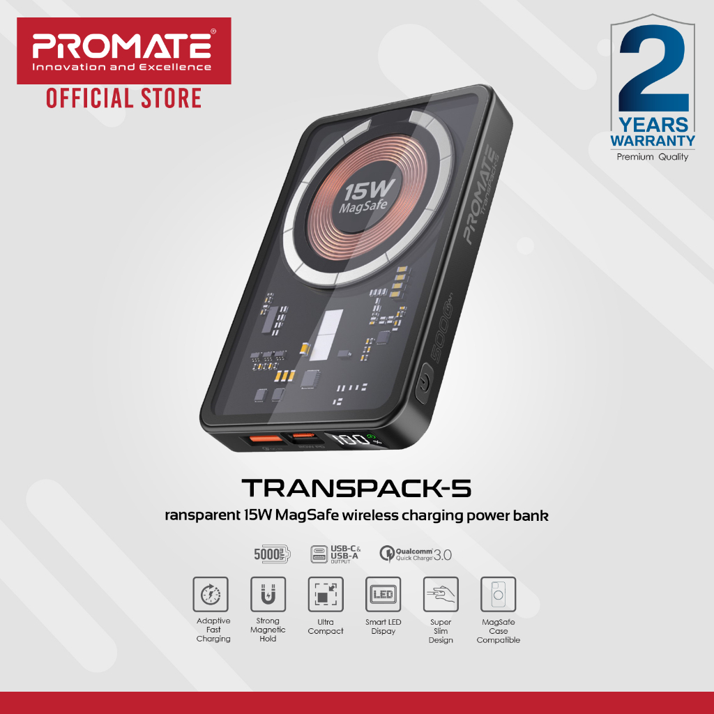 Promate TransPack-5 Transparent 15W MagSafe Wireless Charging Powerbank ...