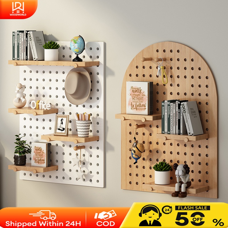 Solid Wood Wall Shelf Wall Storage Rack Hole Board With Hanging Hooks ...
