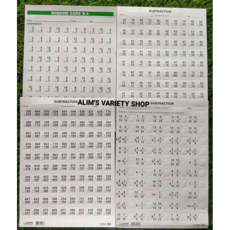WINDOW CARD SUBTRACTION 1-4 SET S1 S2 S3 S4 | Shopee Philippines