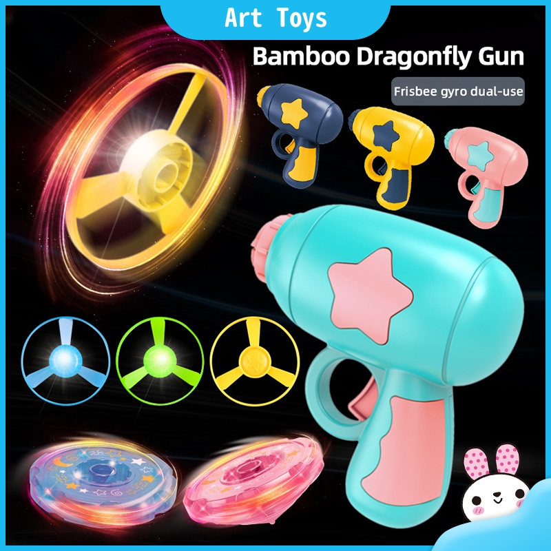 Luminous Flying Saucer Toy Bamboo Dragonfly Gun Spinning Top Gun Flash ...