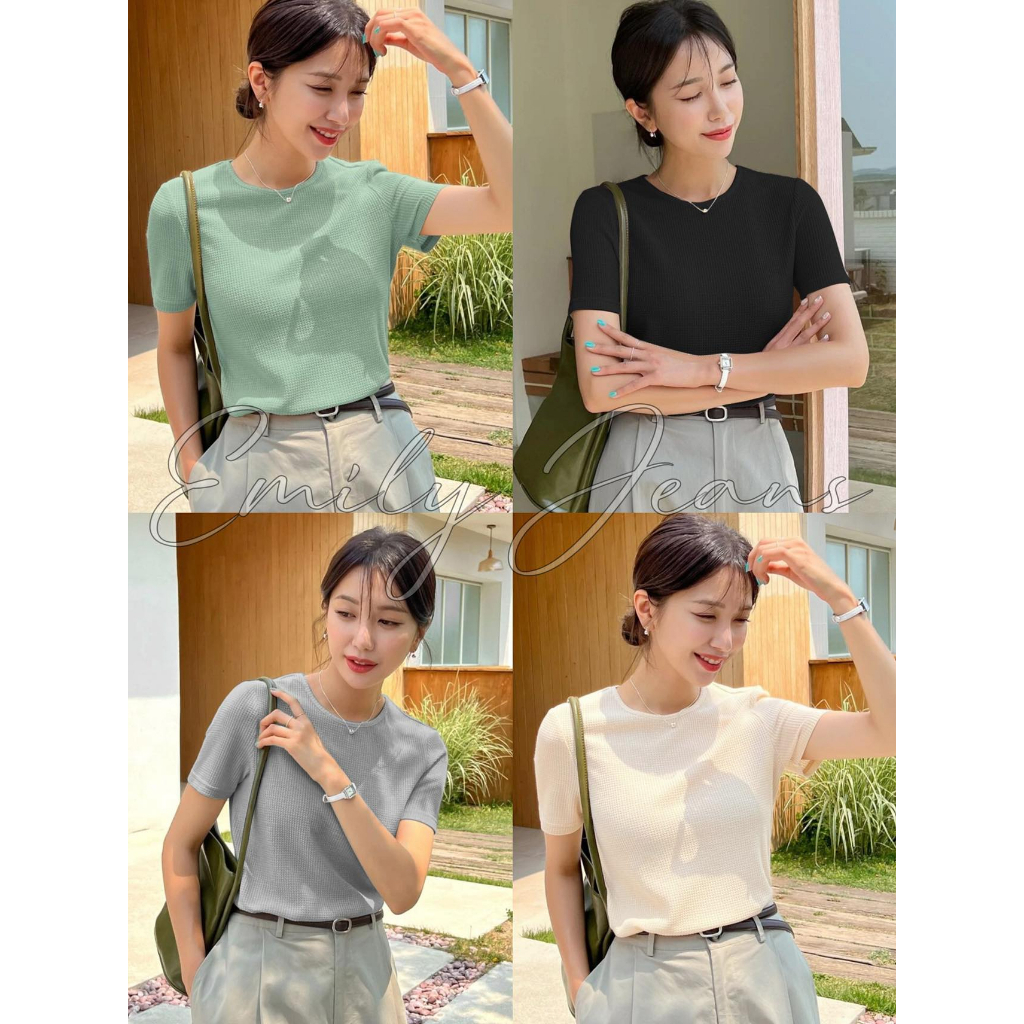 EMILY Round Neck Solid Waffle Knitted Semi Crop Top Tee 10887 | Shopee ...
