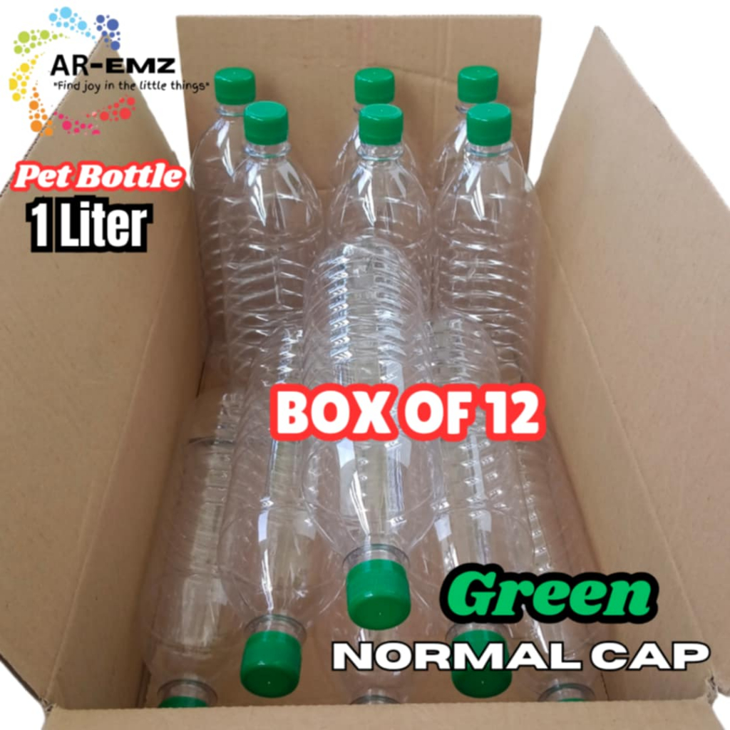 AR-Emz 12 PCS (1 Liter) Empty Clear Plastic Bottles With Green Normal ...