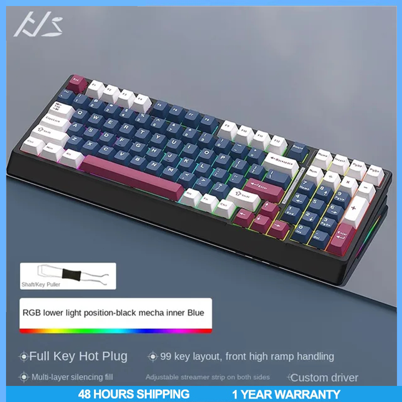 98 Key Black Mecha Inner Blue RGB Mechanical Keyboard Wired/Wireless Bluetooth 3-mode Keyboard ...