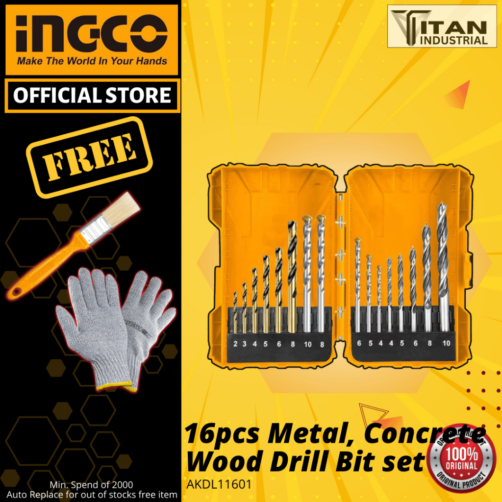 INGCO 16pcs Metal, Concrete & Wood Drill Bit set AKDL11601 • Tm ss ...