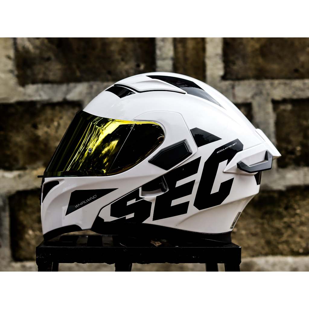 SEC HELMET WHIRLWIND V2 SOLID WHITE BLACK MODULAR DUAL VISOR WITH FREE ...