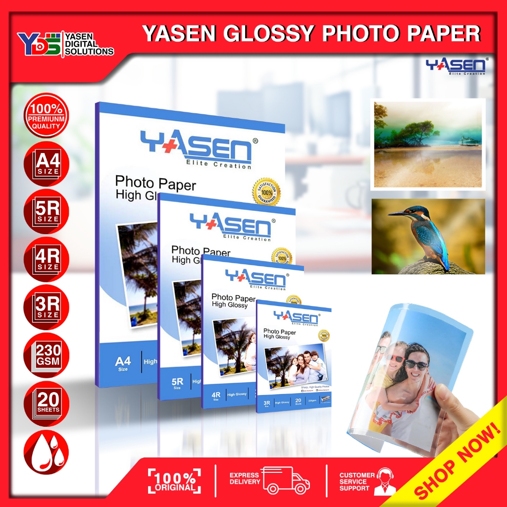 YASEN Glossy Photo Paper A4 5R 4R 3R 20 Sheets High Glossy Photo Paper ...